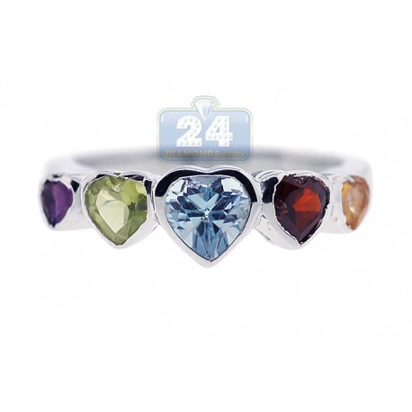 Womens Multi Colored Gemstone Hearts Ring 925 Sterling Silver