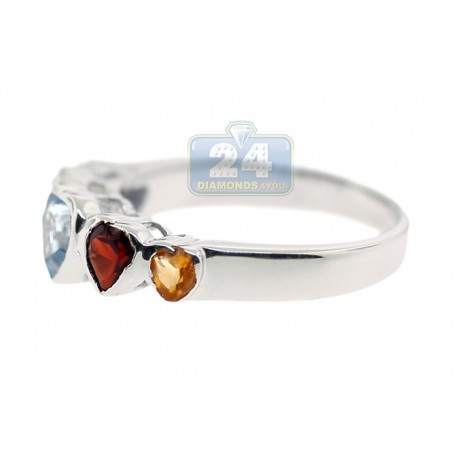Womens Multi Colored Gemstone Hearts Ring 925 Sterling Silver