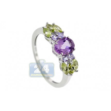 Womens Multi Colored Mixed Gemstone Ring 925 Sterling Silver