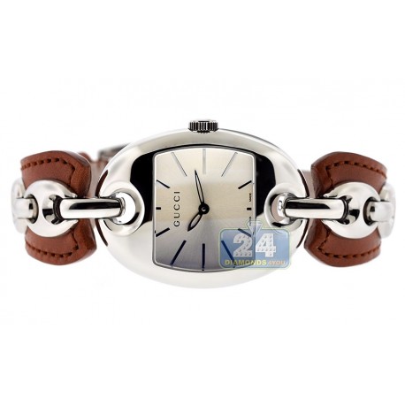 Gucci Marina Chain Steel Brown Leather Womens Watch YA121309