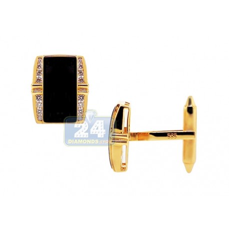 Mens Diamond Black Onyx Rectangle Cuff Links 14K Yellow Gold