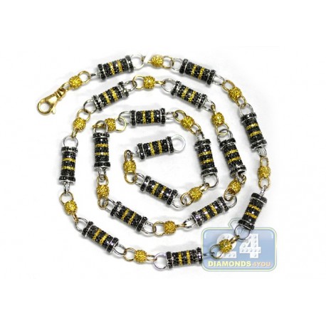 Mens Black Canary Diamond Bar Bead Chain 14K Two Tone Gold 30"