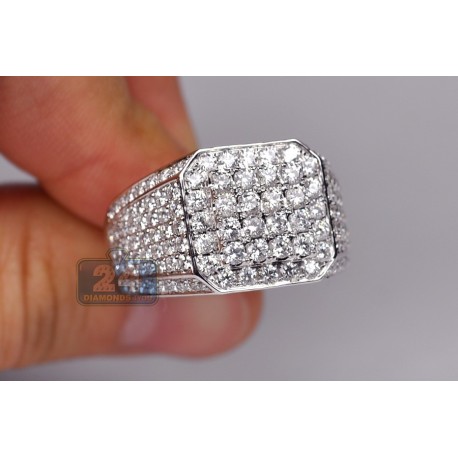 Mens Iced Out Diamond Square Signet Ring 14K White Gold 4.32ct