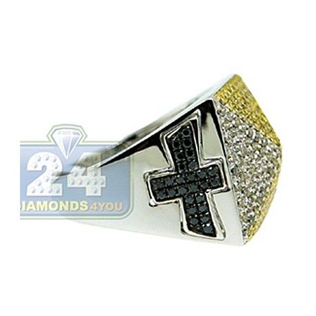 Mens Colored Diamond Cross Ring 14K White Gold 2.02 ct