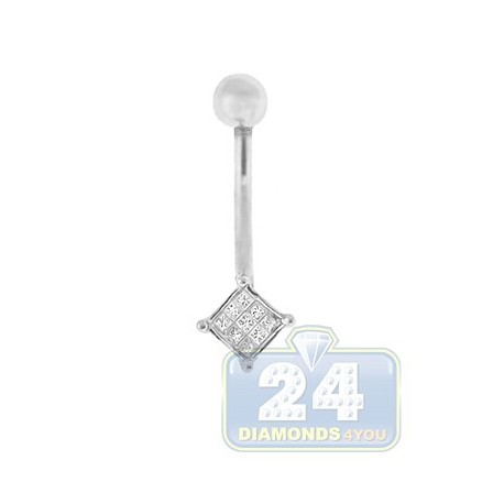 Womens Princess Cut Diamond Belly Button Ring 14K White Gold