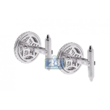 Mens Diamond Round Button Design Cuff Links 14K White Gold