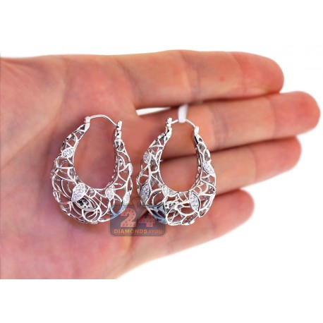 Womens Diamond Openwork Oval Hoop Earrings 18K White Gold