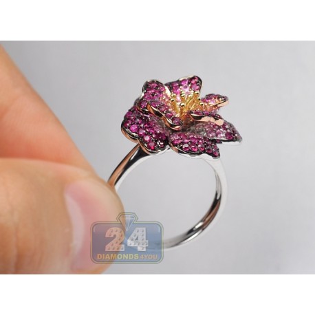 Womens Burgundy Ruby Flower Cocktail Ring 14K Two Tone Gold