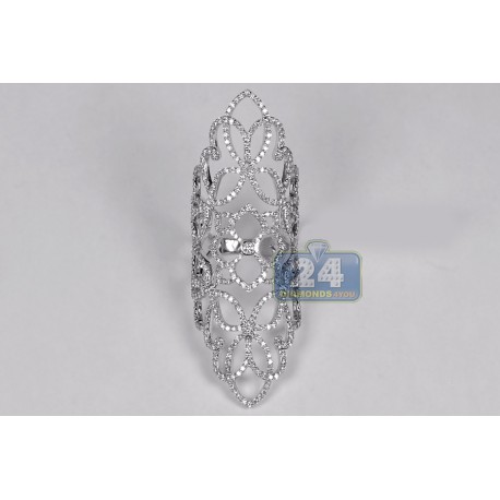 Womens Diamond Long Floral Ring 18K White Gold 3.30 ct