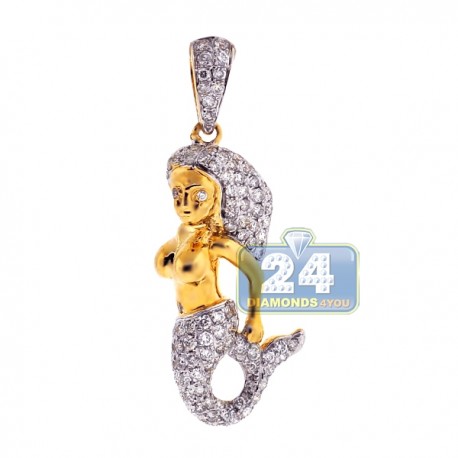 Womens Diamond Mermaid Creature Pendant 14K Yellow Gold 1.02ct
