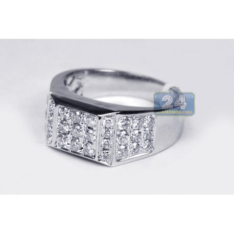 Mens Diamond Rectangle Pinky Ring 14K White Gold 1.53 Carat