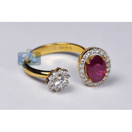 Womens Ruby Diamond Two Stone Open Ring 18K Yellow Gold