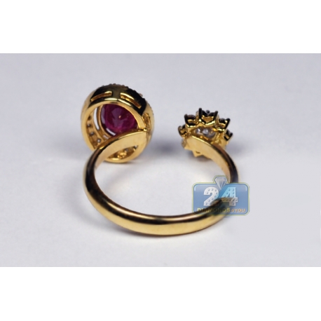 Womens Ruby Diamond Two Stone Open Ring 18K Yellow Gold