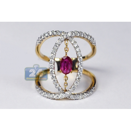 Womens Diamond Ruby Open Loop Ring 14K Yellow Gold 1.31 ct