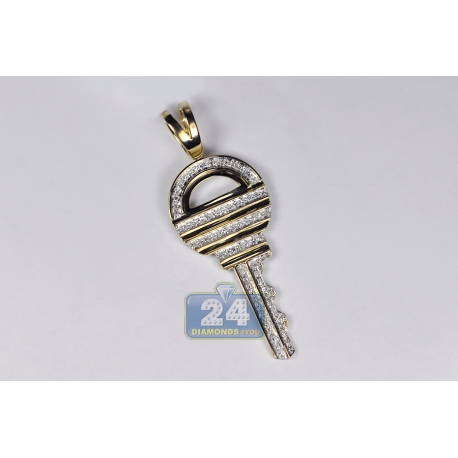 Mens Diamond Rounded Key Pendant 10K Yellow Gold 0.55ct 2.5"