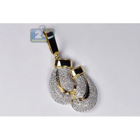 Mens Diamond Boxing Gloves Pair Pendant 10K Yellow Gold 1.47ct