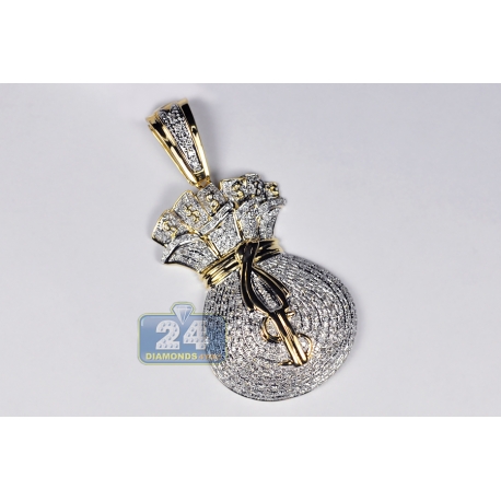 Mens Diamond Dollar Money Bag Pendant 10K Yellow Gold 1.53 ct