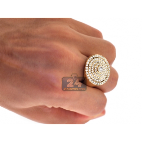 Mens Diamond Round Signet Large Ring 14K Yellow Gold 2.56 ct